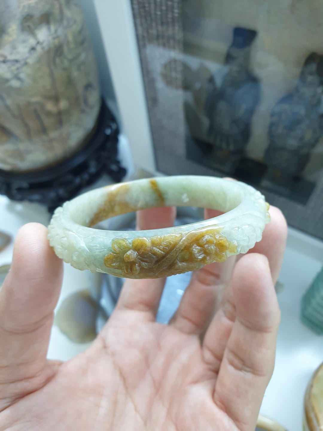 Vintage Floral Jade Bangle, 2-toned (size 55) | Authentic Type A ...