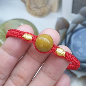 Honey Jade Bead & 24 Karat Gold Koi Fish in Red Thread Braided Bracelet ...