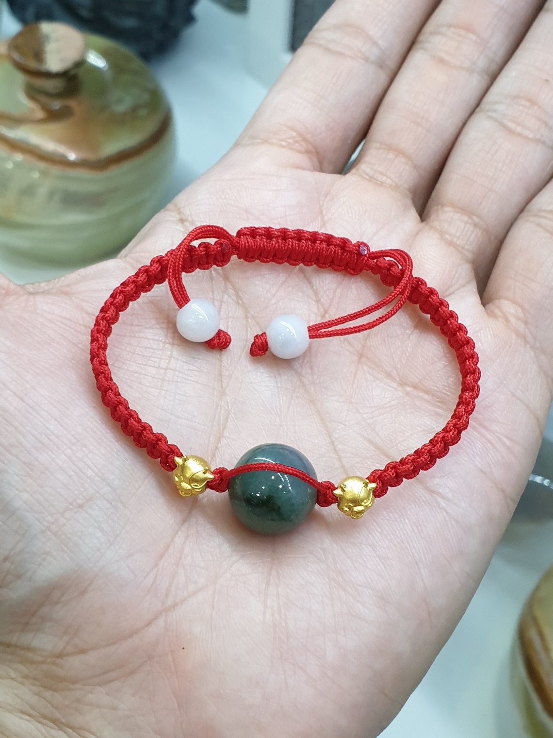 Black Jade Bead & 24 Karat Gold Ox in Red Thread Braided - Etsy