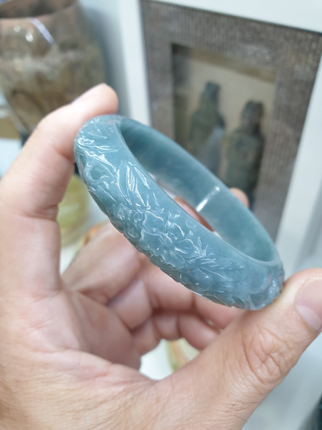 Blue Jade Floral Bangle (size 56) | Authentic Type A Jadeite - Etsy