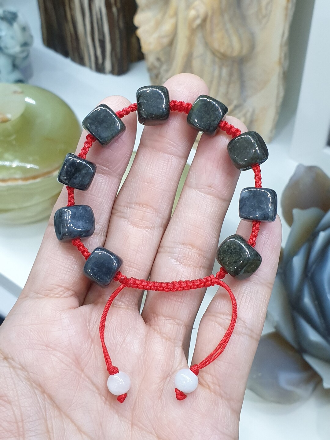 Lucky 9 Black Jade Cube Beads Red Thread Bracelet - Etsy