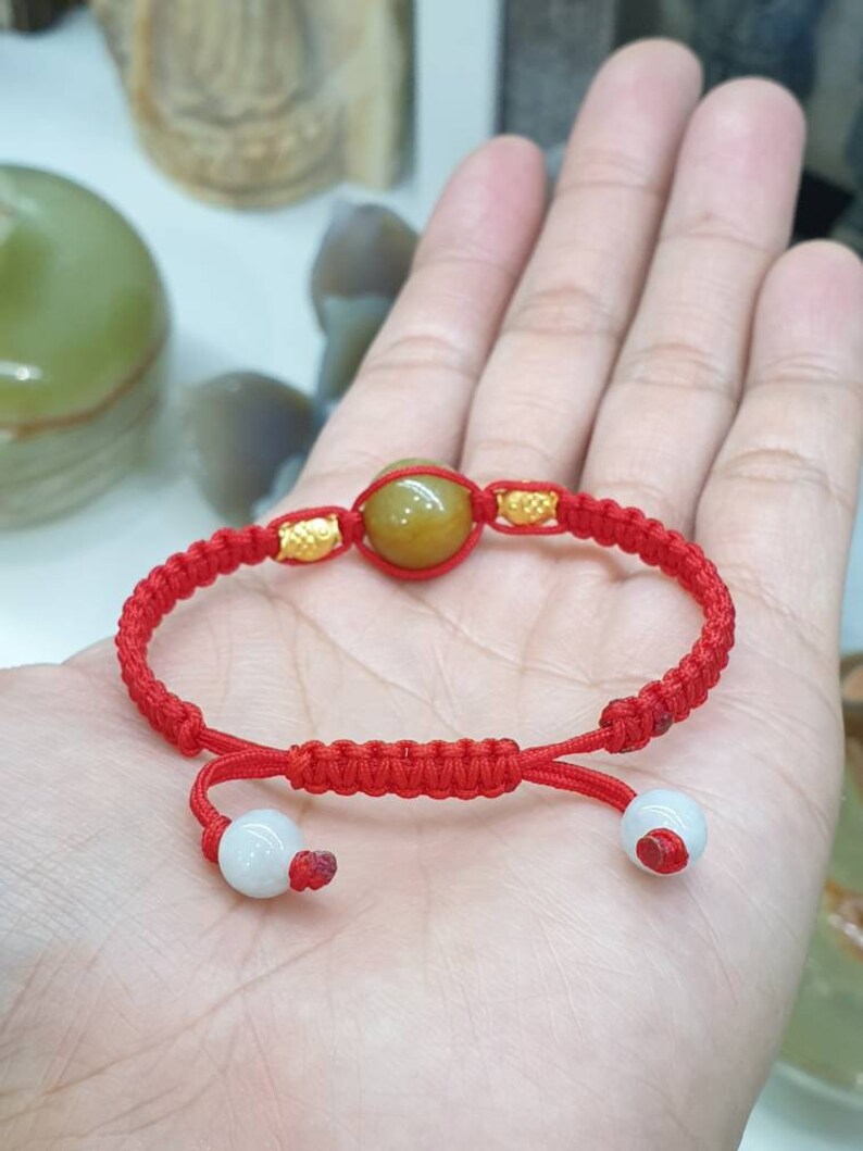 Honey Jade Bead & 24 Karat Gold Koi Fish in Red Thread Braided Bracelet ...