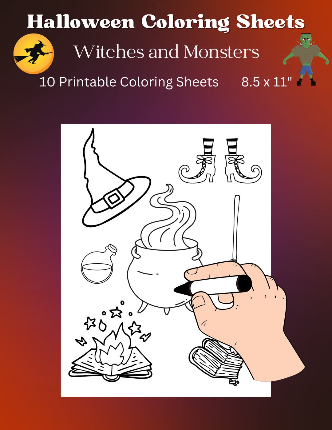 Printable Coloring Sheets - Halloween - WITCHES & MONSTERS - Set of 10 ...