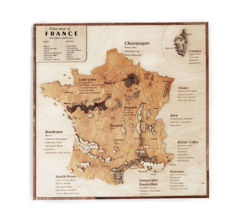 French Wine Regions Map. Wine Gift Idea Wood Oak 3D Map of France Wine ...