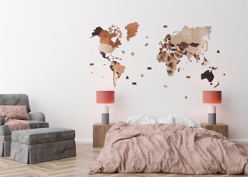 World Map Push Pin, 3D Wood Wall Map, Custom Map Gift Fot Travel Lovers ...