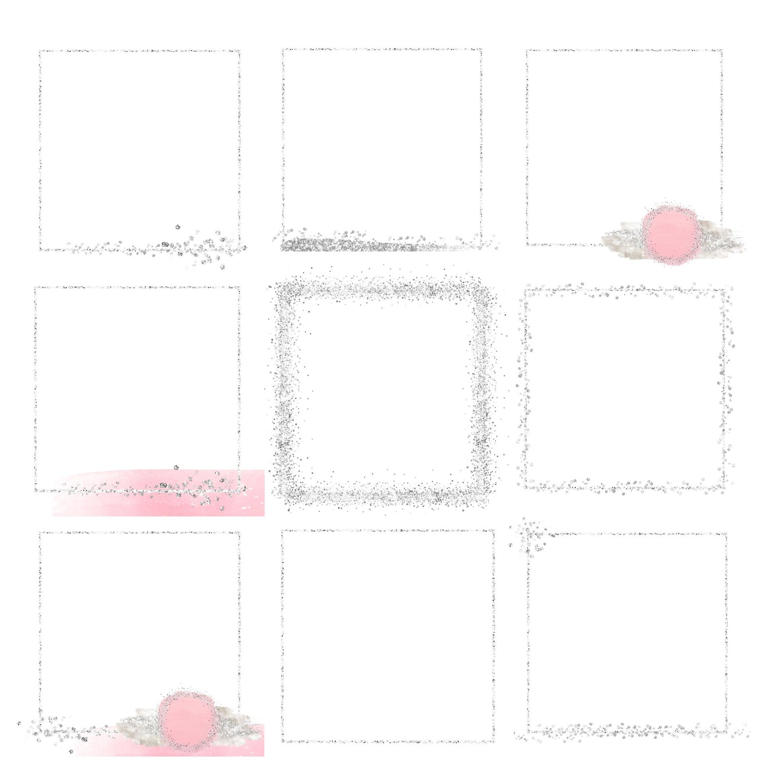 9PCS Silver Square Clipart Frames Square Silver Frame Glitter Frames ...
