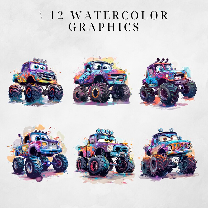 Adorable Chibi Watercolor Monster Trucks | Transparent PNG, 300 DPI ...