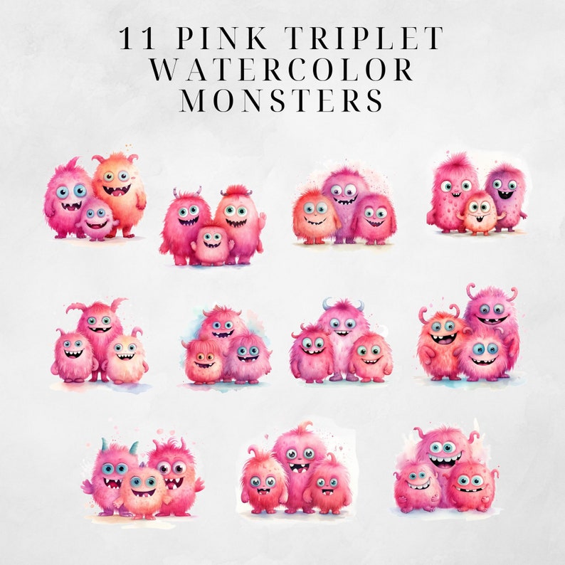 Playful Pink Monster Watercolor Clip Art - Triplet & Bonus Quadruplet ...