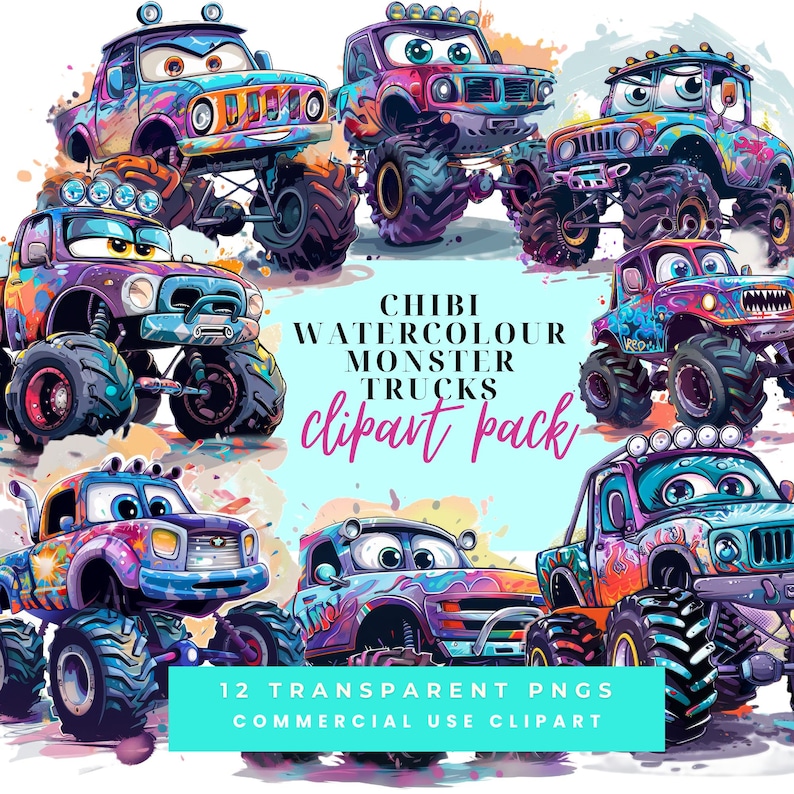 Adorable Chibi Watercolor Monster Trucks | Transparent PNG, 300 DPI ...