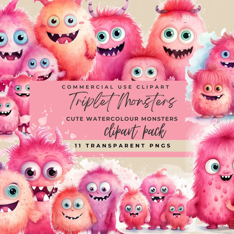 Playful Pink Monster Watercolor Clip Art - Triplet & Bonus Quadruplet ...