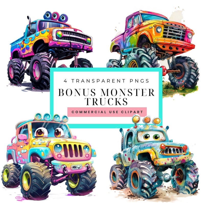 Adorable Chibi Watercolor Monster Trucks | Transparent PNG, 300 DPI ...