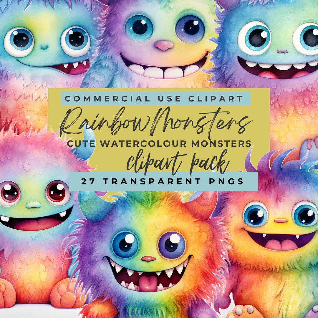 Rainbow Monster Watercolor Clipart Bundle (PNG JPEG) - Etsy