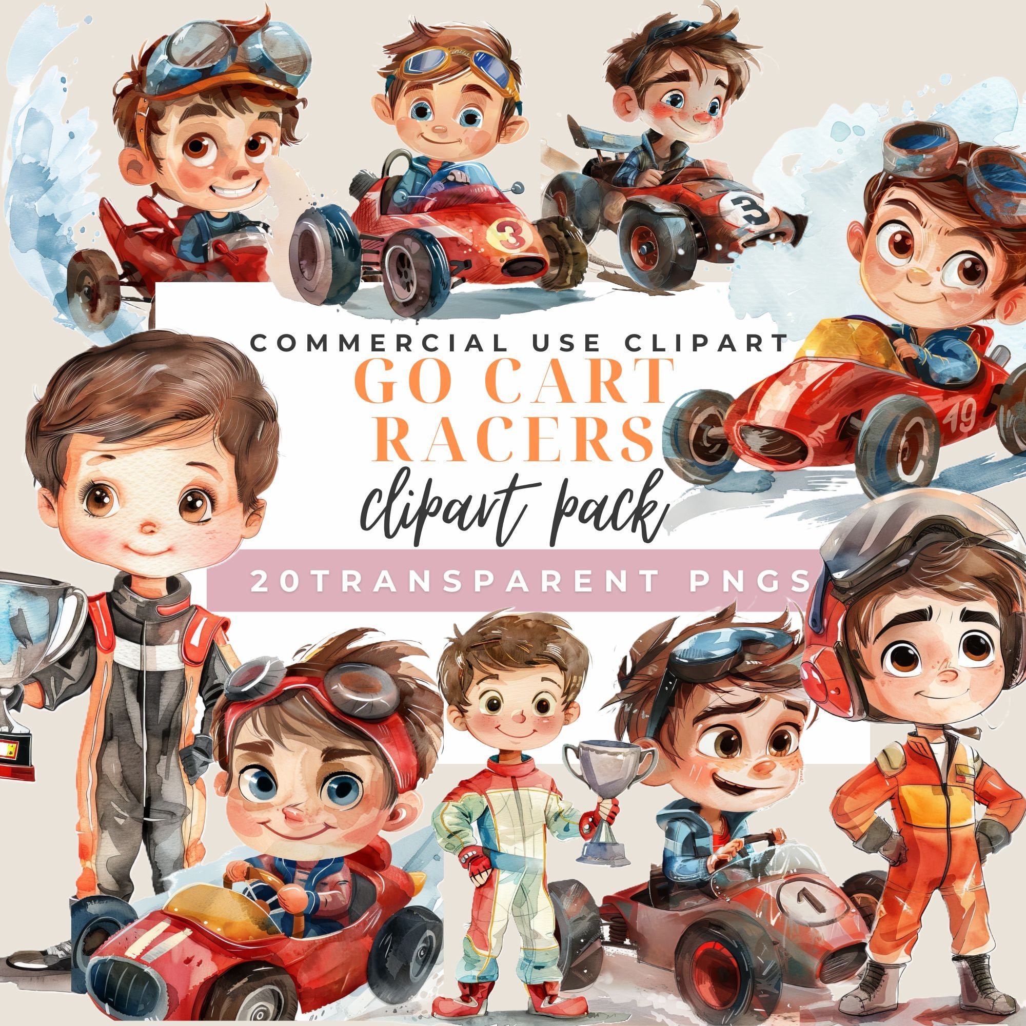 Watercolor Cute Racing Boy Clipart, Race Car Nursery Decor Sublimation ...