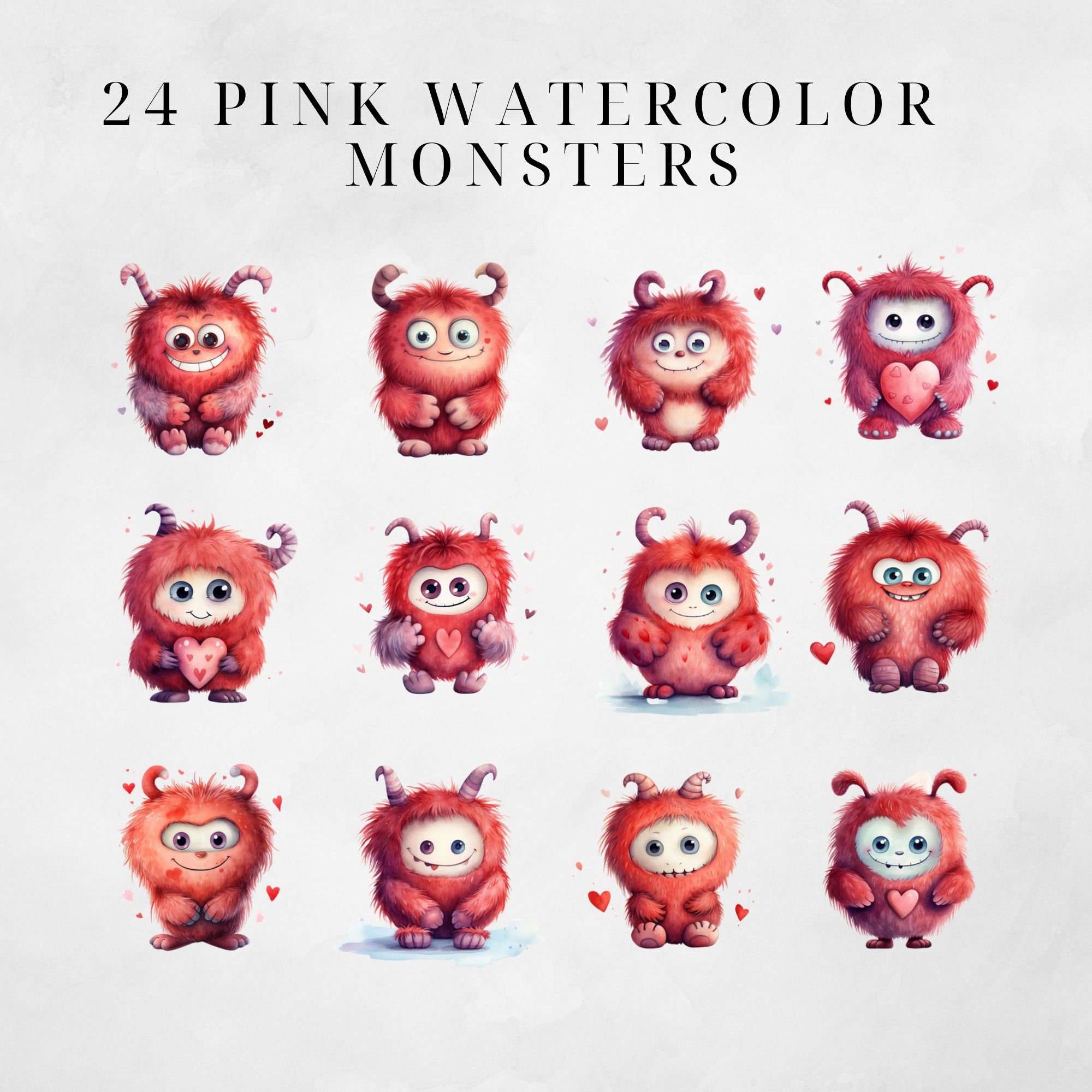 Pink Monster Clipart Set: 24 Watercolor PNG JPEG Images - Etsy