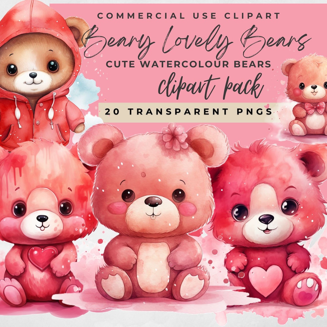 Pink Bear Watercolor Clipart: Baby Shower Graphics (PNG & JPEG) - Etsy