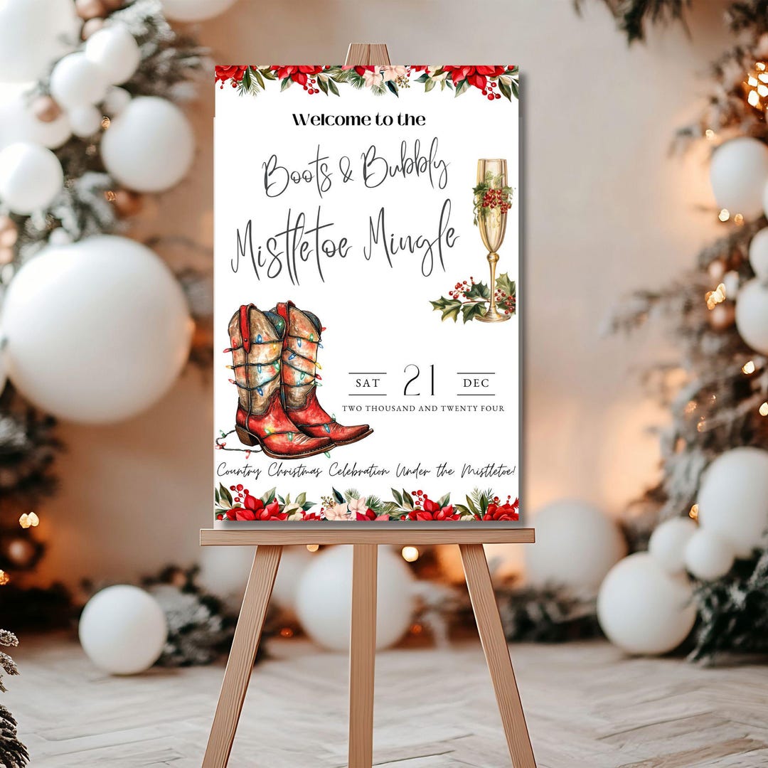 Boots & Bubbly Christmas Party Sign | Western Mistletoe Mingle (digital ...