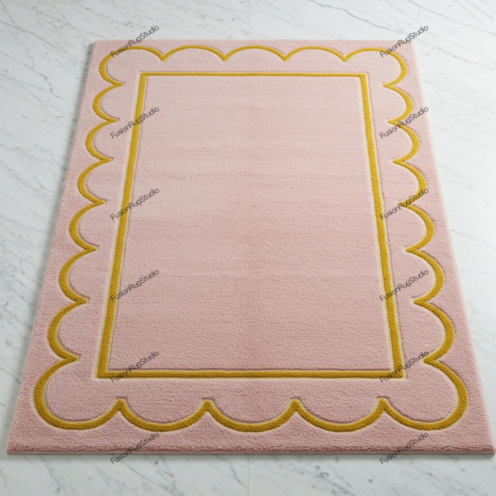 Hand-tufted Wool Rug: Pink Scallop Border, Gold Accent - Etsy