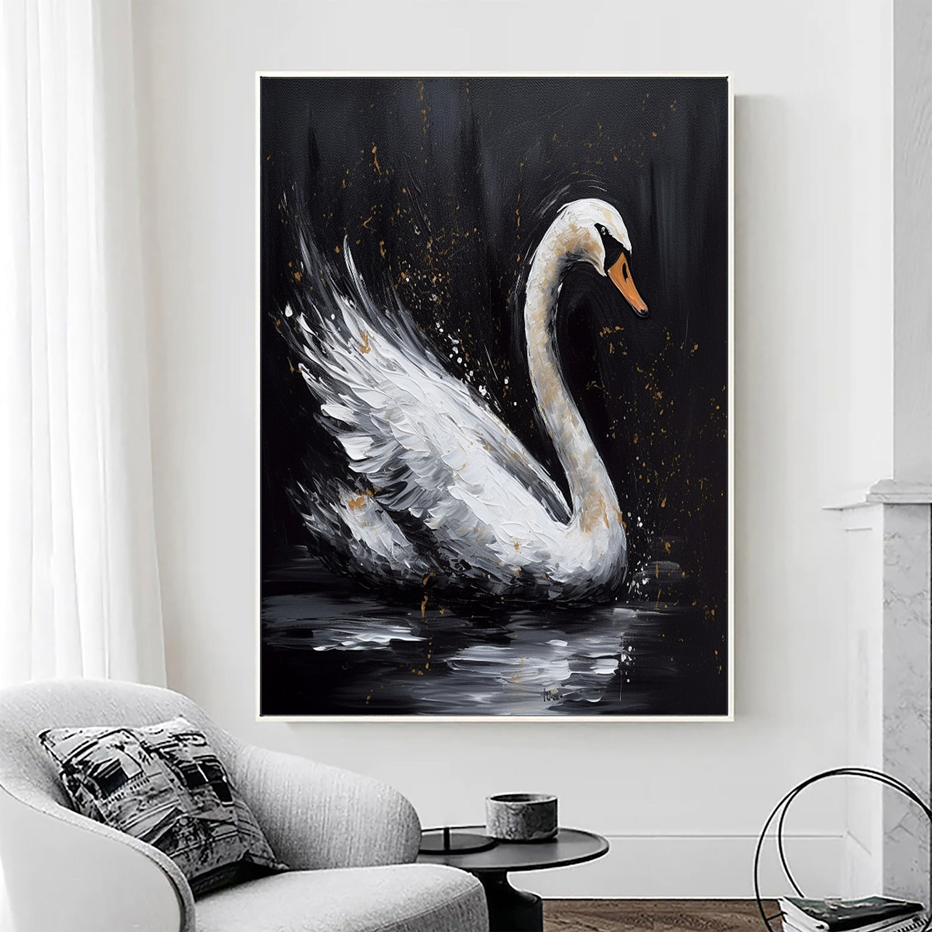 Abstract Original Black Swan Oil Painting on Canvas,swan Wall Art Decor ...