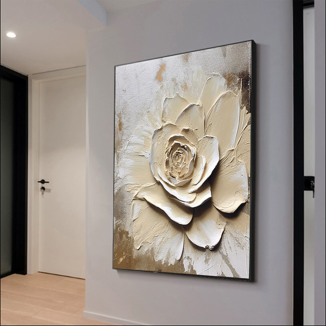 Large Beige Flower Oil Painting, Heavy Textured Minimalist Beige Floral ...