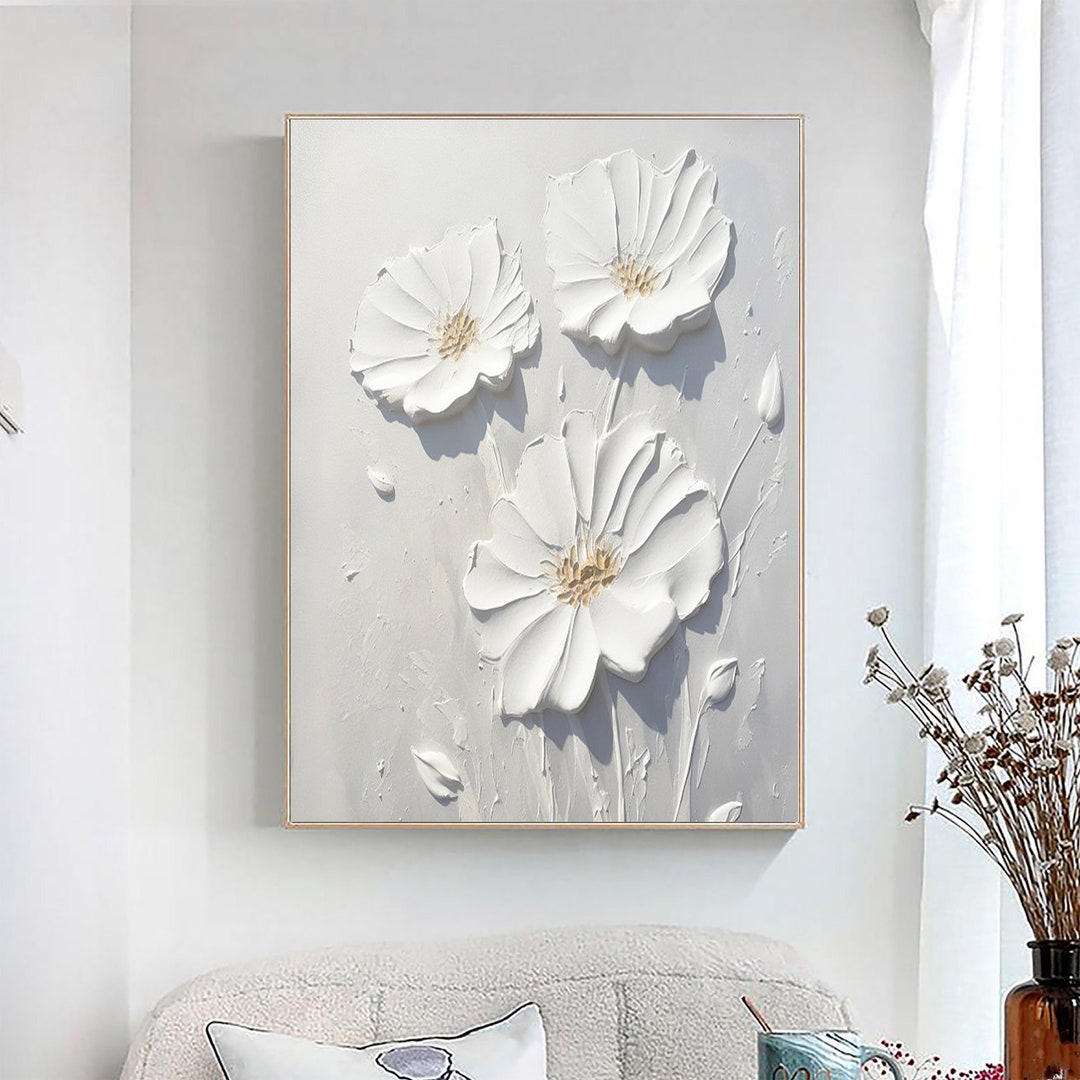 3D White Flower Textured Painting,original Heavy Textured Floral Wall ...