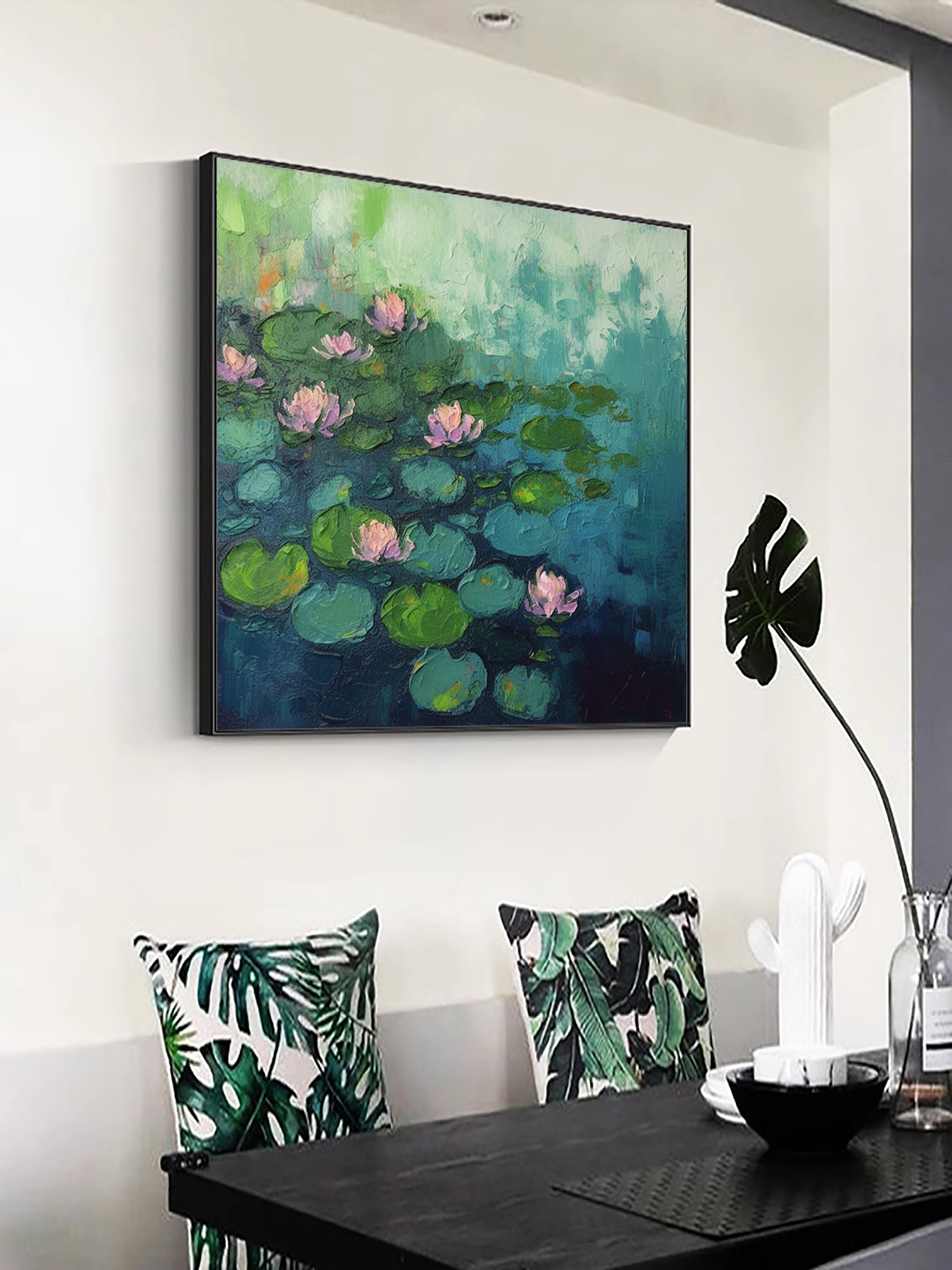Abstract Lotus Pond Oil Painting,lotus Leaf Lotus Landscape Wall Art ...