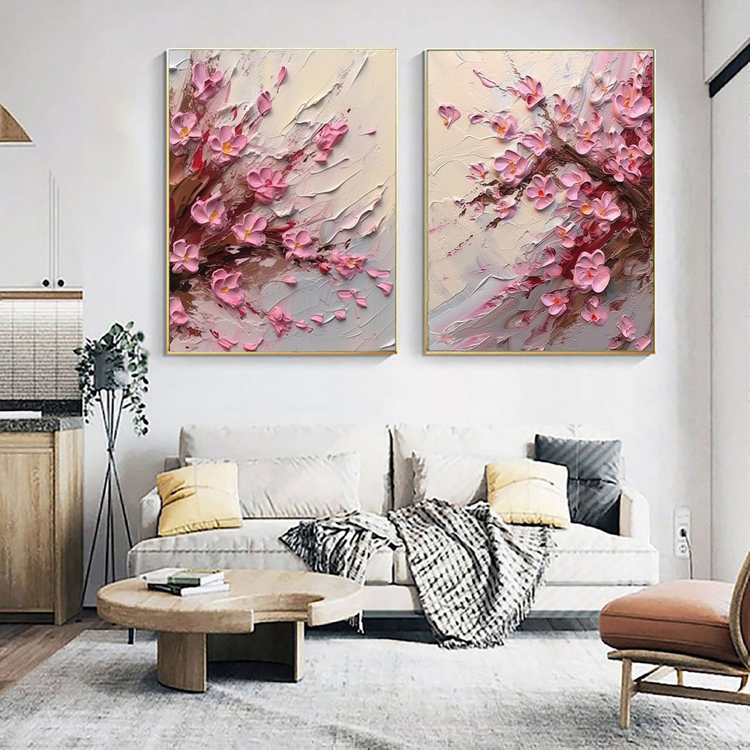 2P Pink Blossom Cherry Scenery Hand Oil Painting,pink Cherry Blossom Palette Knife Painting ...