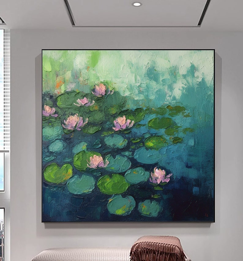 Abstract Lotus Pond Oil Painting,lotus Leaf Lotus Landscape Wall Art ...