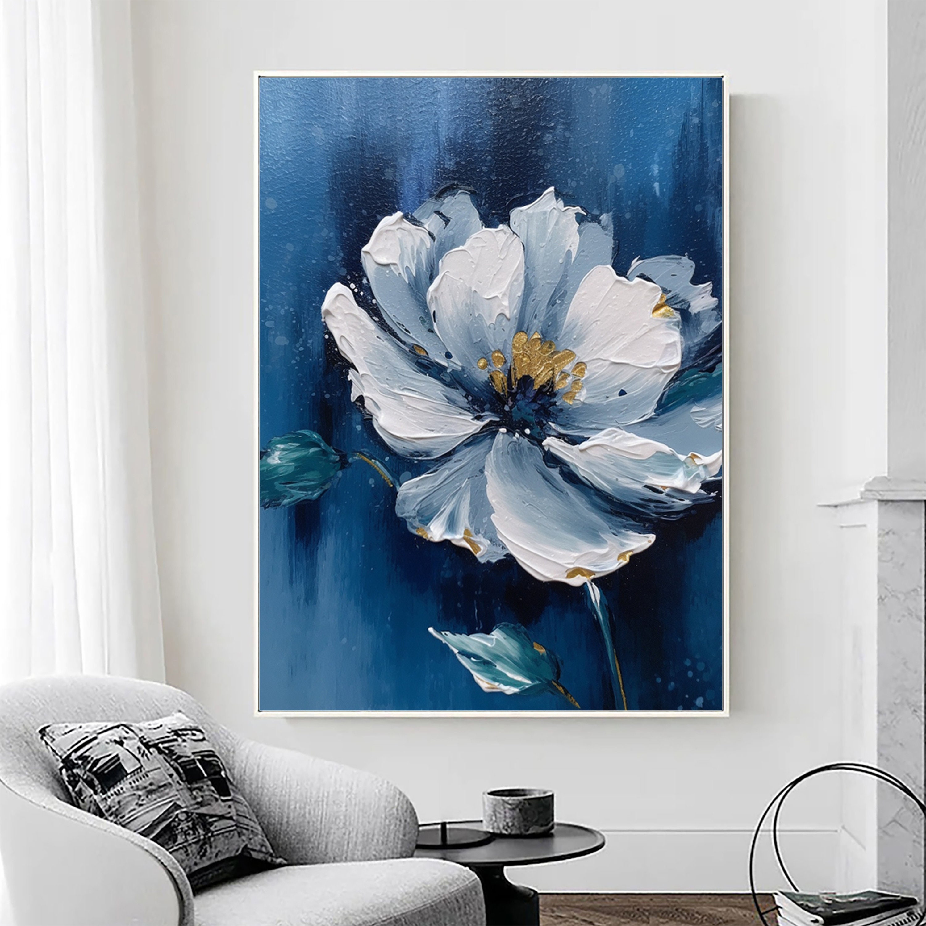 Blue Original Flower Oil Painting on Canvas,large Blue Wall Art ...