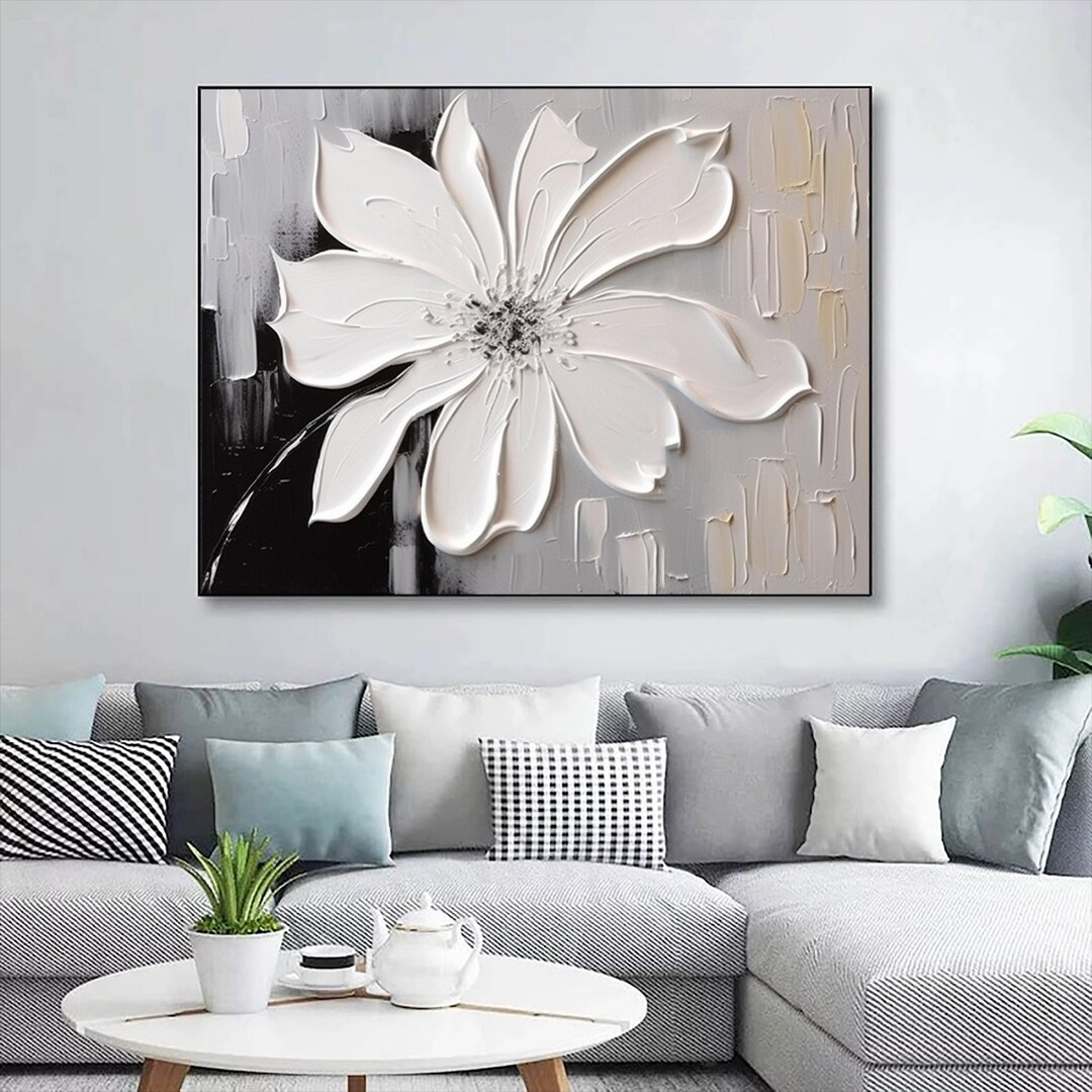 3D Abstract Black and White Floral Oil Painting,white Floral Wall Art ...