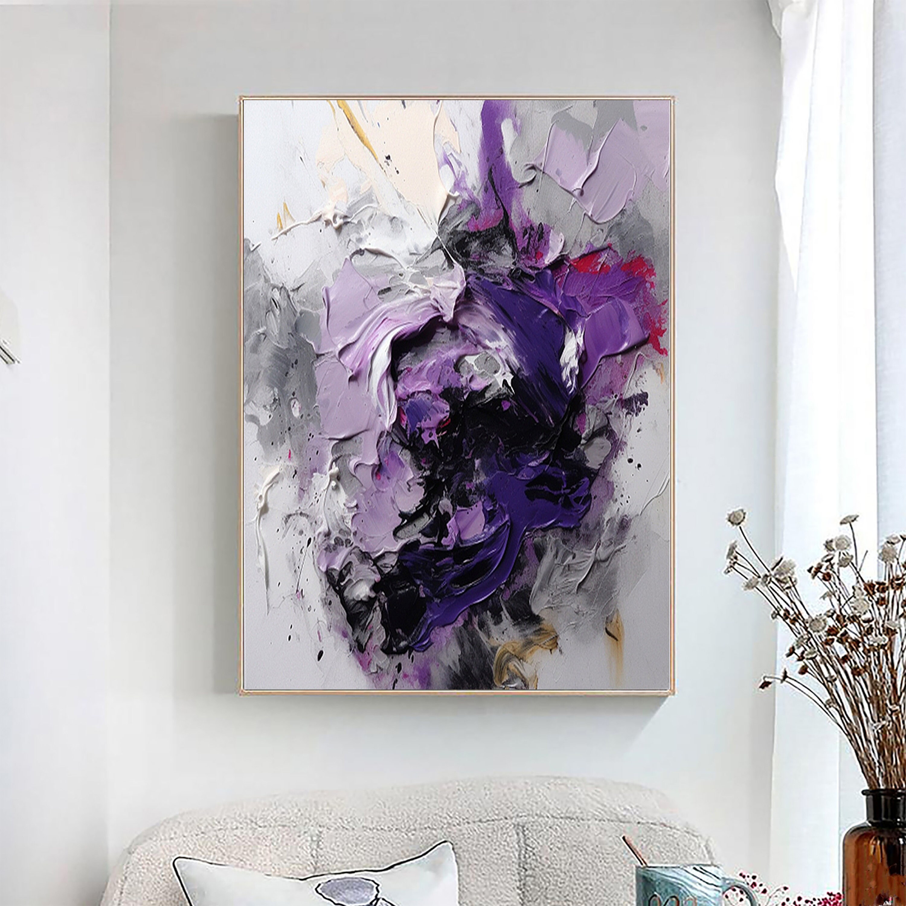 Original Abstract Purple Oil Painting on Canvas,black Purple Abstract ...