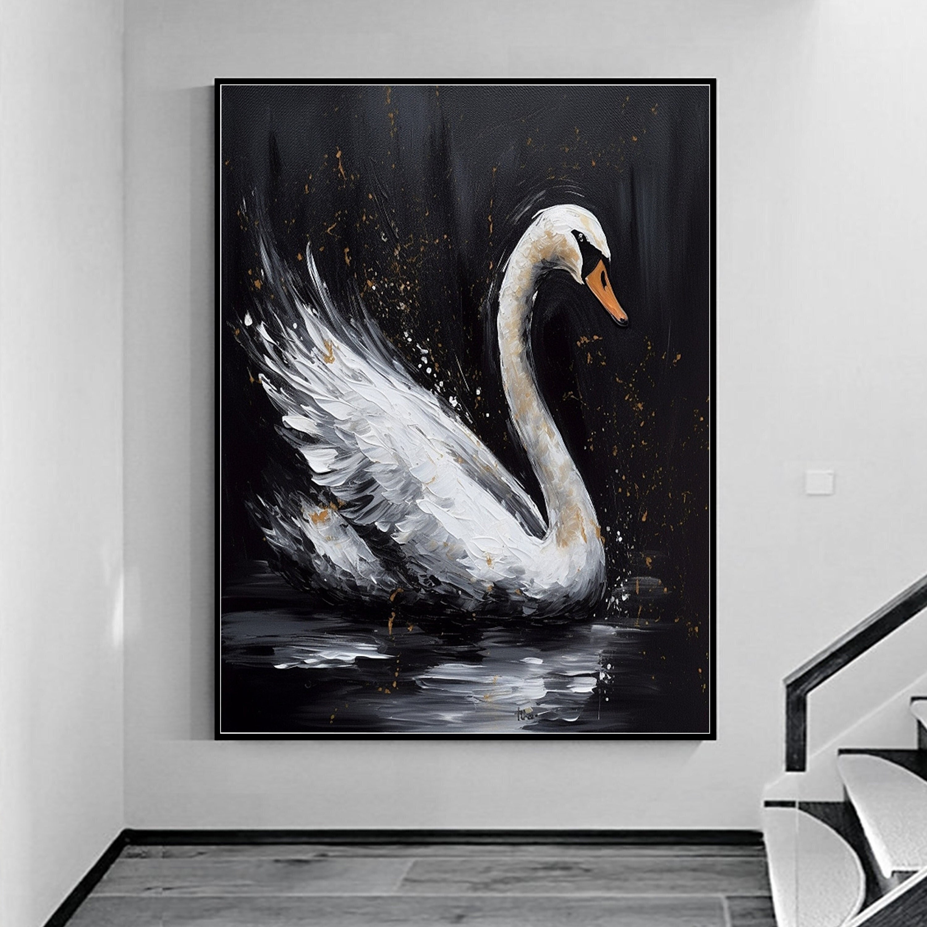 Abstract Original Black Swan Oil Painting on Canvas,swan Wall Art Decor ...