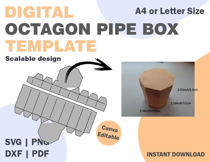 Octagon Pipe Box Paper Template, SVG DXF PDF Png Formats, Octagon Pipe ...