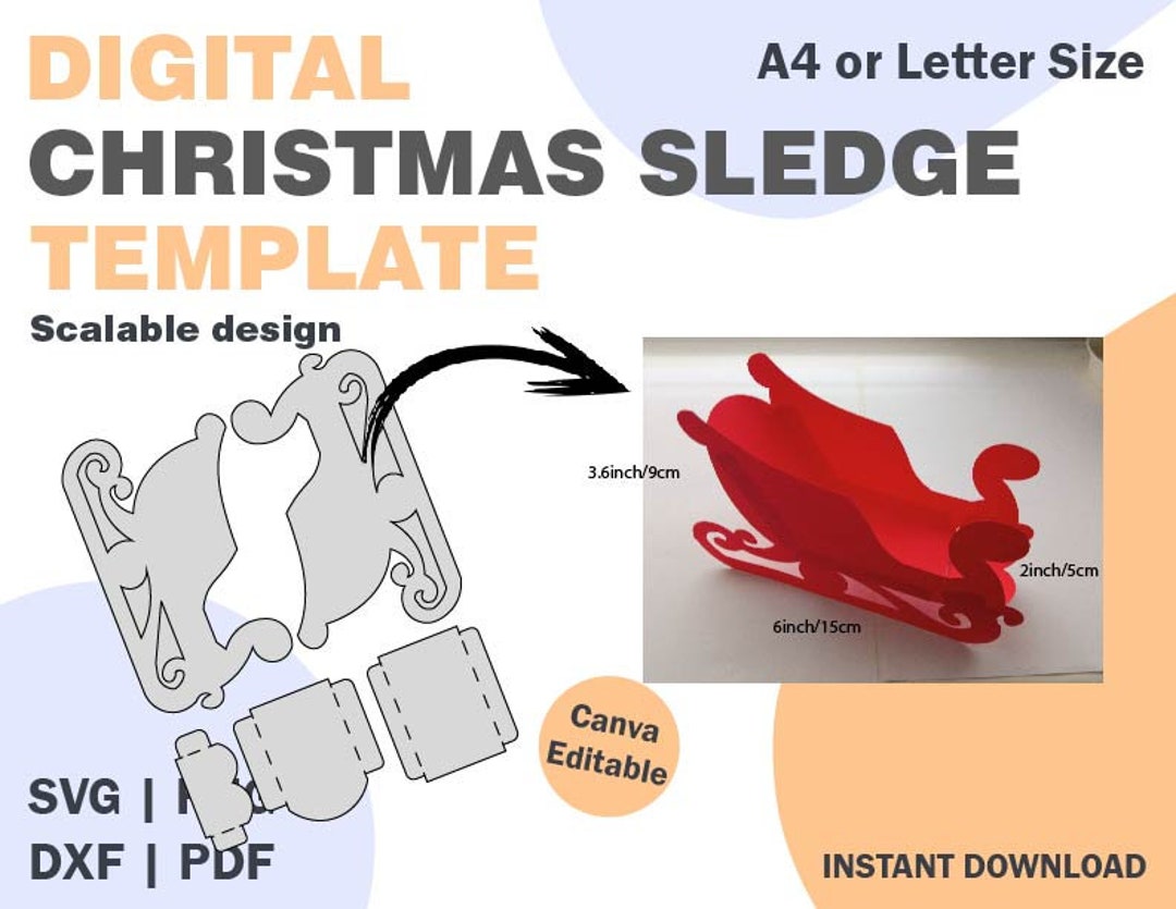 Christmas Sledge Template, SVG DXF PDF Png Formats, Santa Sledge Paper ...