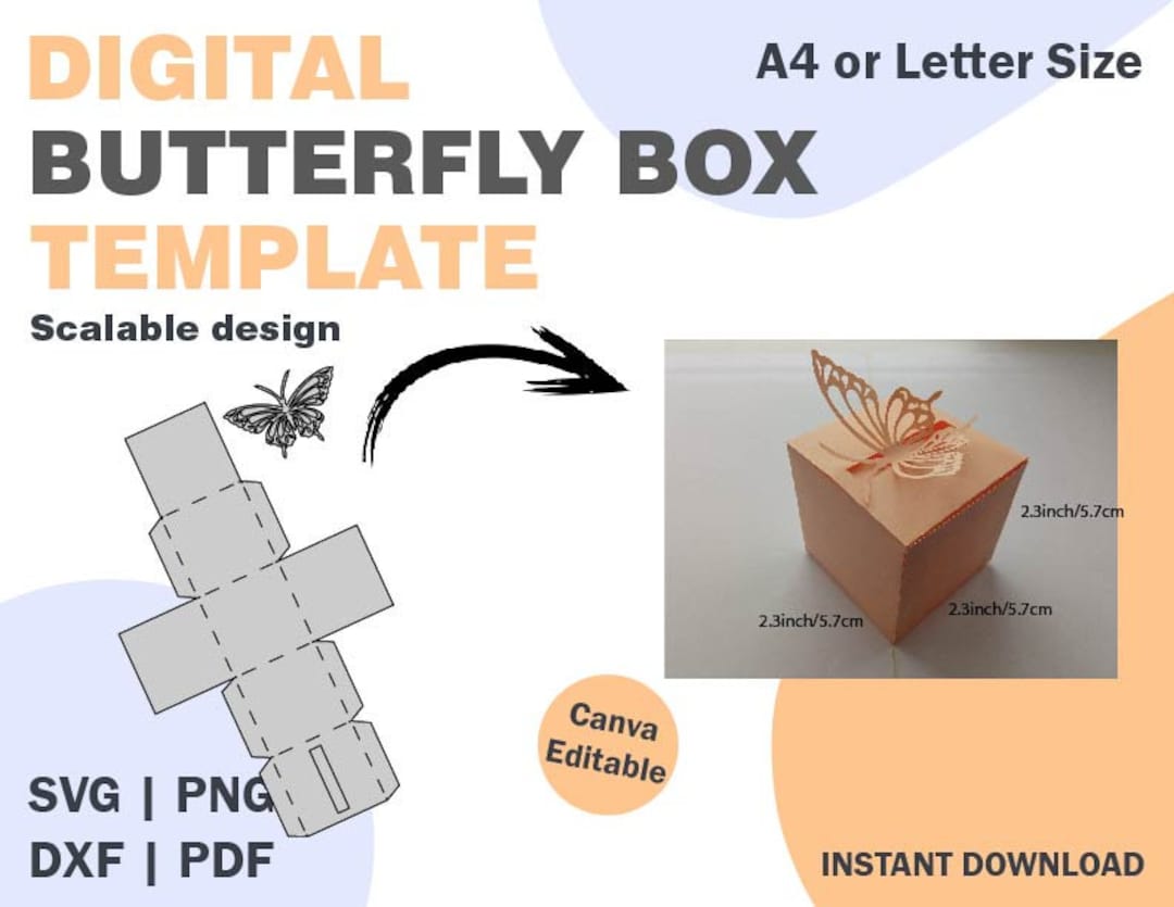Box With Butterfly Template, SVG DXF PDF Png Formats, Cube Box, Square ...