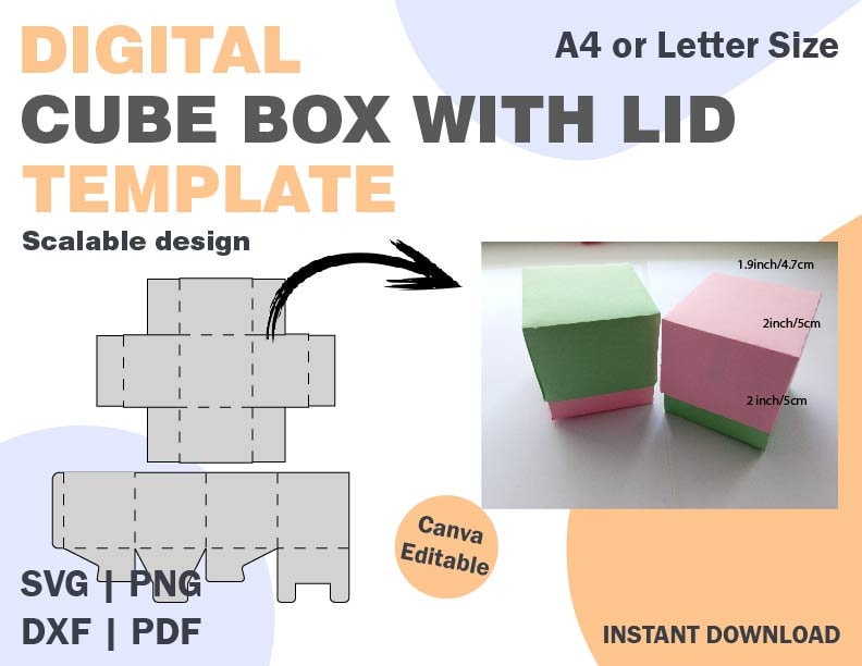 Cube Box With Lid Template, SVG DXF PDF Png Formats, Cube Box Template ...