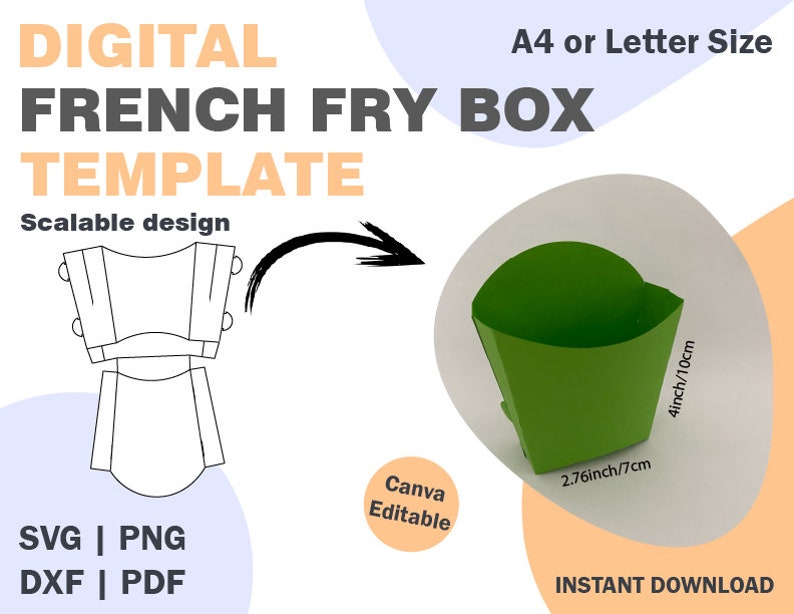 French Fries Box Cutting Template, SVG DXF PDF Png Formats, French Fry ...