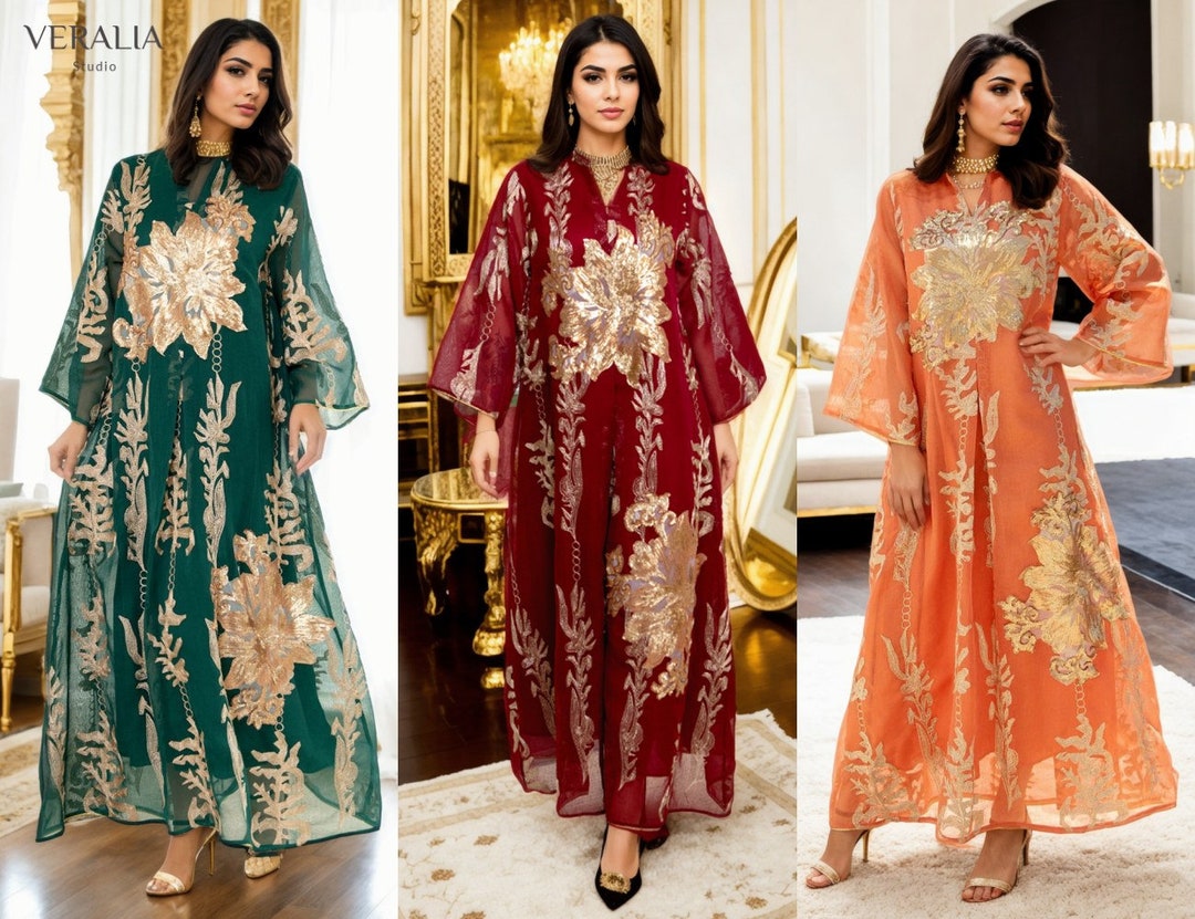 Plus Size Dubai Moroccan Arabic Pink Gold Embroidery Abaya Jubah ...