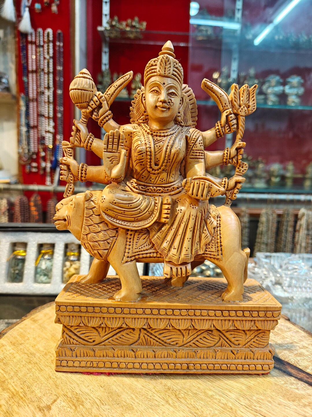 Hand-carved Wooden Maa Durga Statue on Lion - Hindu Goddess Sculpture ...