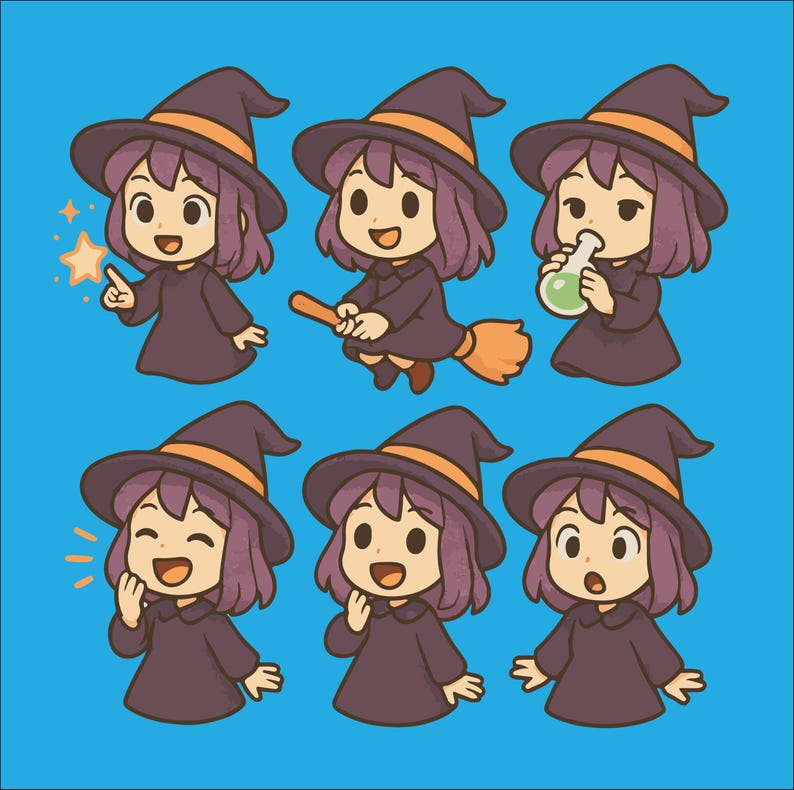 Cute Witch Emote Set – 6 Chibi Reactions for Streamers & Gamers - Etsy