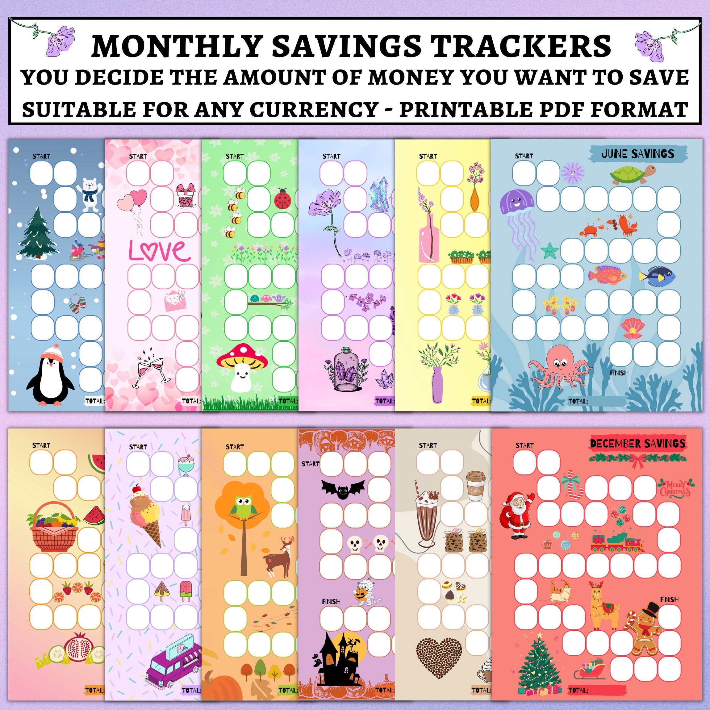 Monthly Savings Trackers Different Colors and Styles, 12 Months of ...