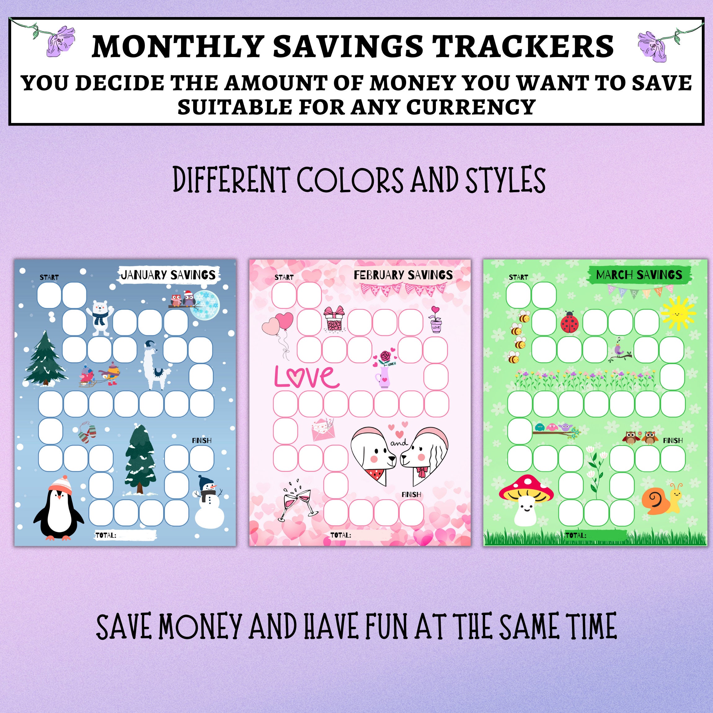 Monthly Savings Trackers Different Colors and Styles, 12 Months of ...