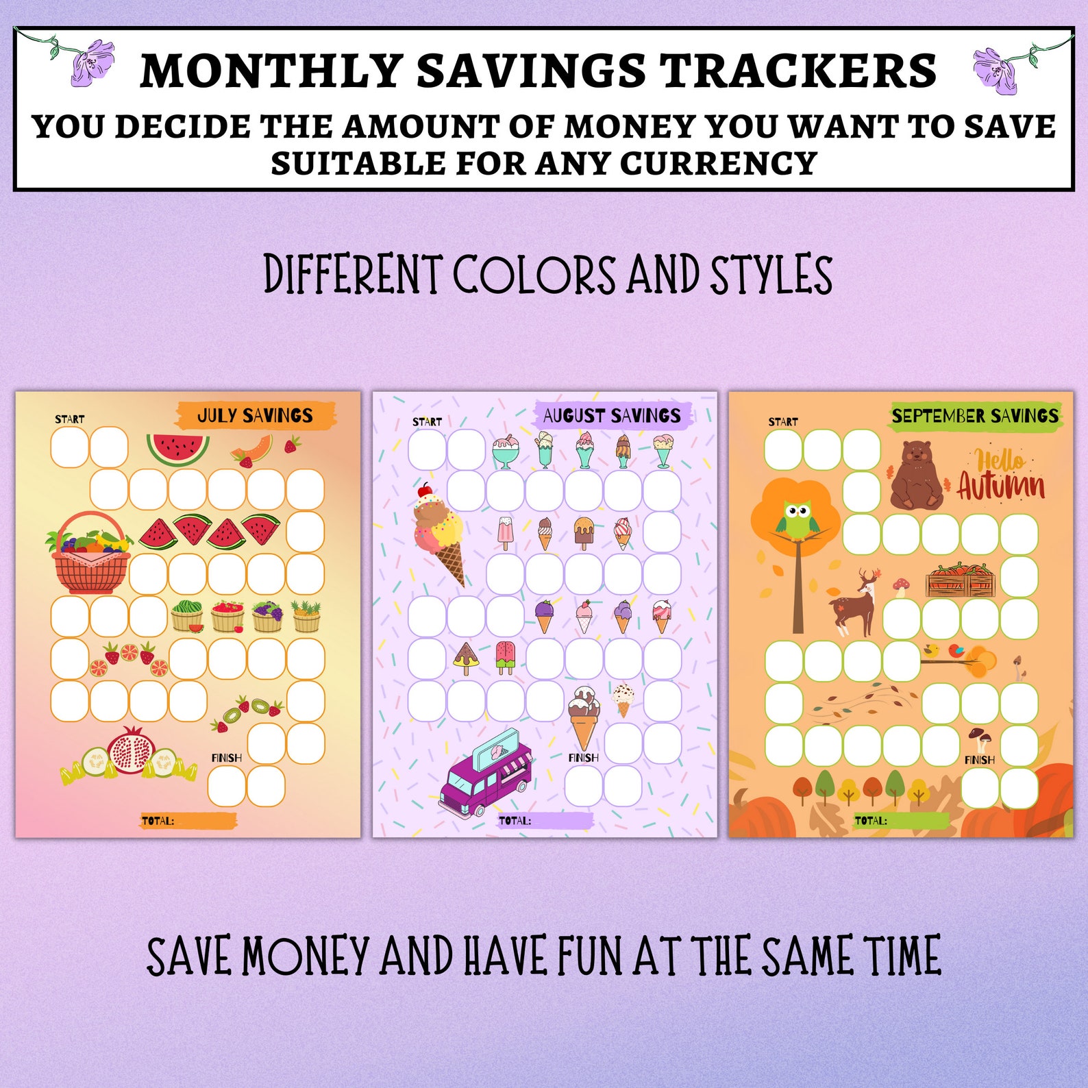 Monthly Savings Trackers Different Colors and Styles, 12 Months of ...