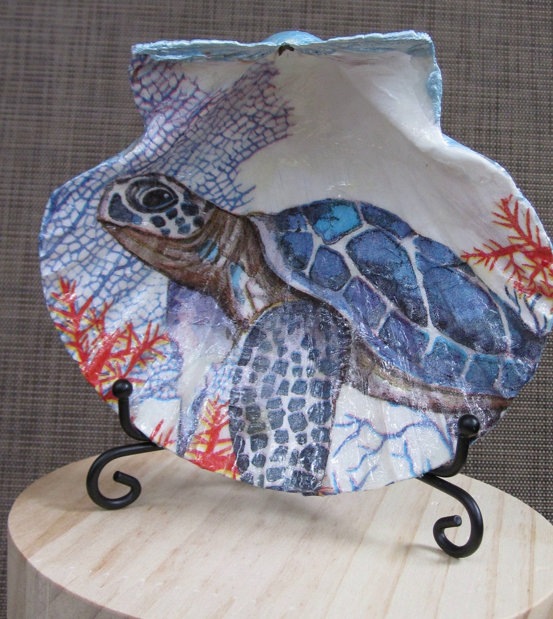 Sea Turtle Ring Dish, Natural Shell, Hand Painted, Decoupage, Trinket ...