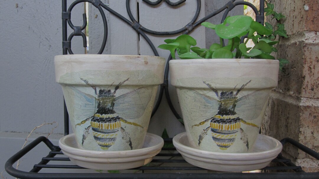 Bee Pot Vintage Style, Distressed Painted Terracotta Planter, Bee Kind ...