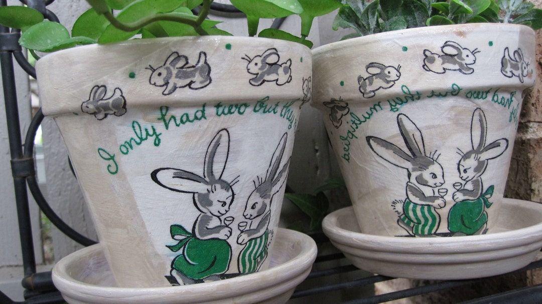 Vintage Easter Flower Pot, Boho Chic, Brownie Napkin Dated 1940, Rabbit ...