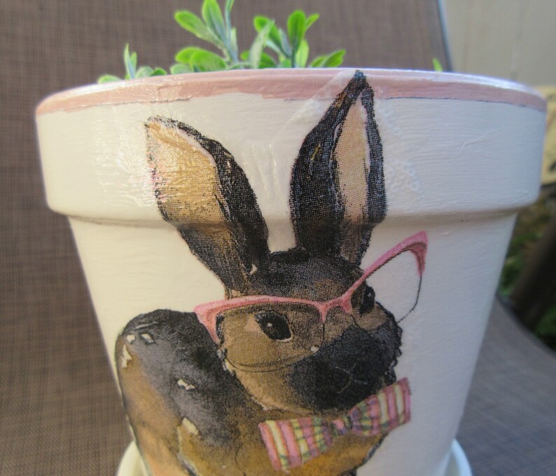 Rabbit Terracotta Planter Hand Painted Decoupage Design 6 - Etsy