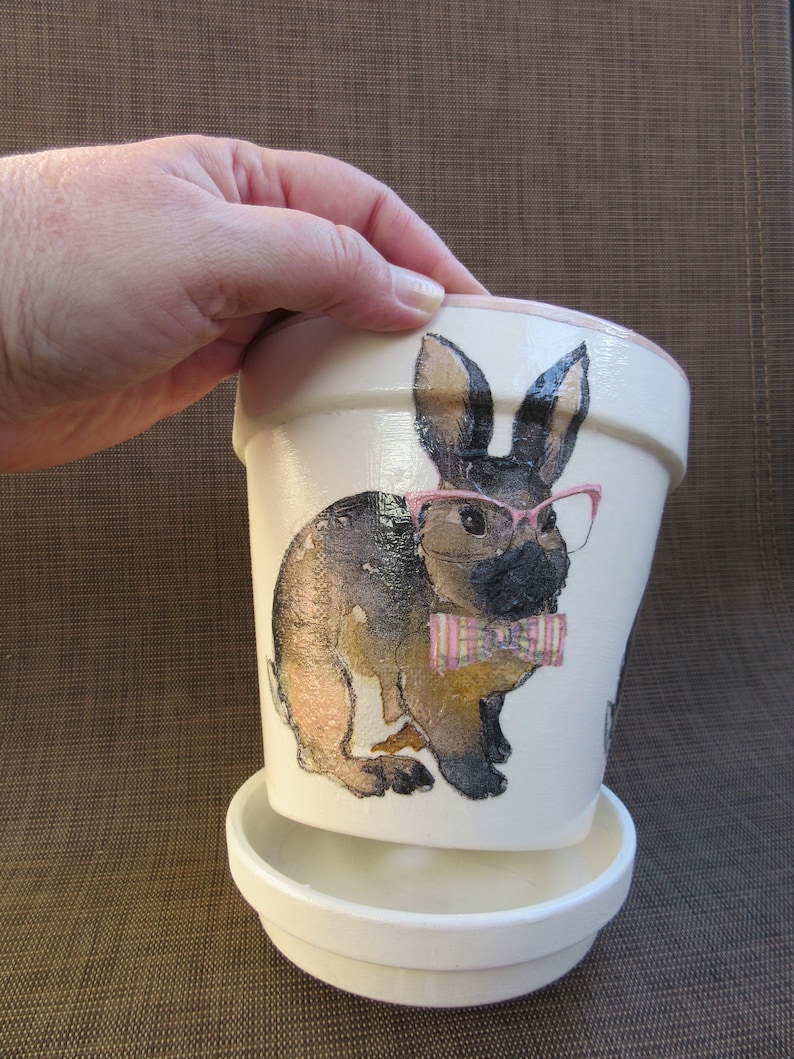 Rabbit Terracotta Planter Hand Painted Decoupage Design 6 - Etsy