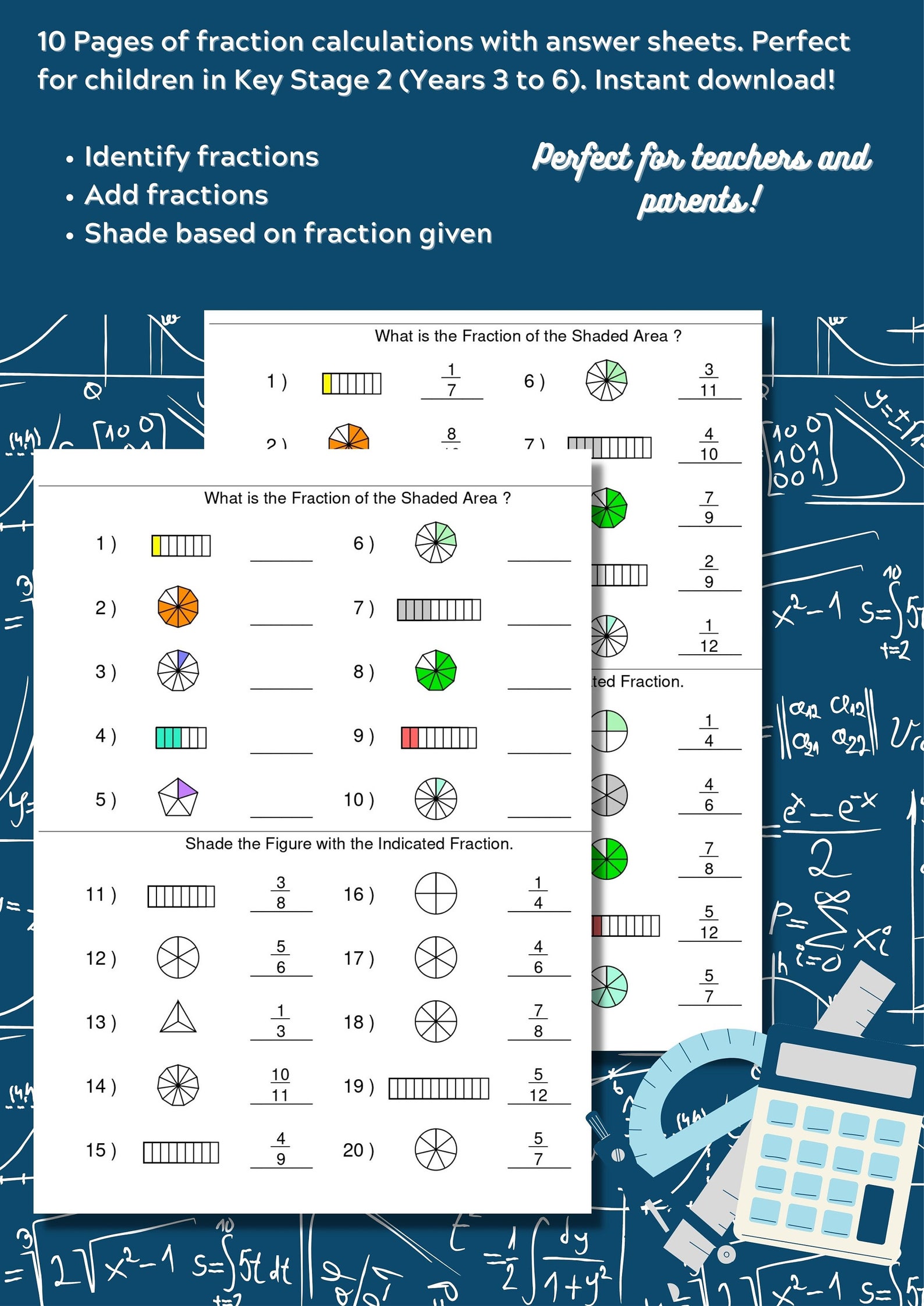 10 Maths Fraction Worksheets for Key Stage 2 Years 3, 4, 5 & 6 - With ...