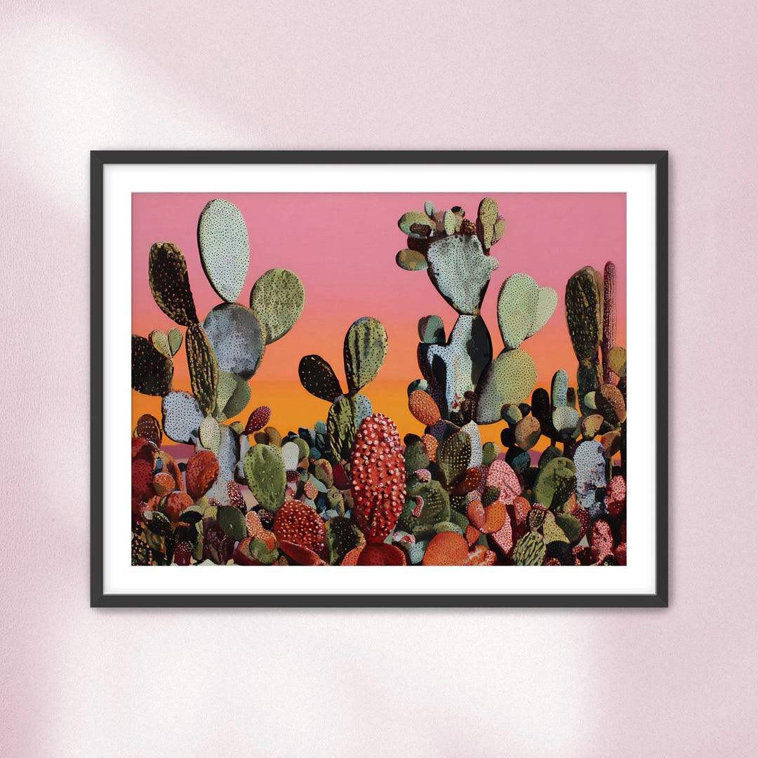 Terracotta Cactus Sunset Art Print, Earthy Sage Botanical Desert Wall ...