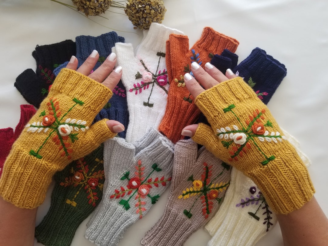 Knitted Colorful Gloves for Women, Embroidered Mittens, Gift for ...